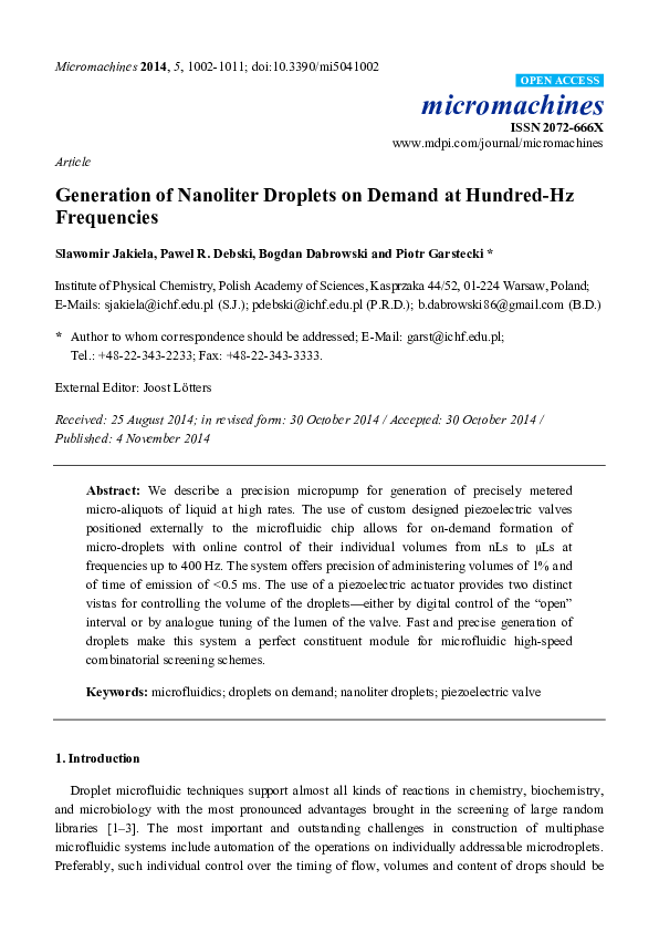 (PDF) Generation of Nanoliter Droplets on Demand at Hundred-Hz Frequencies