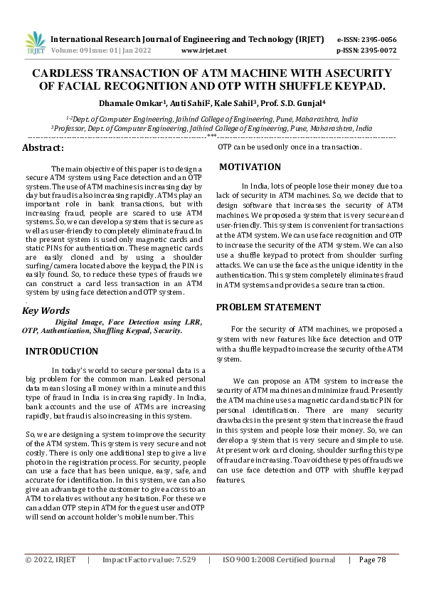 Pdf Cardless Transaction Of Atm Machine With A Security Of Facial Recognition And Otp With