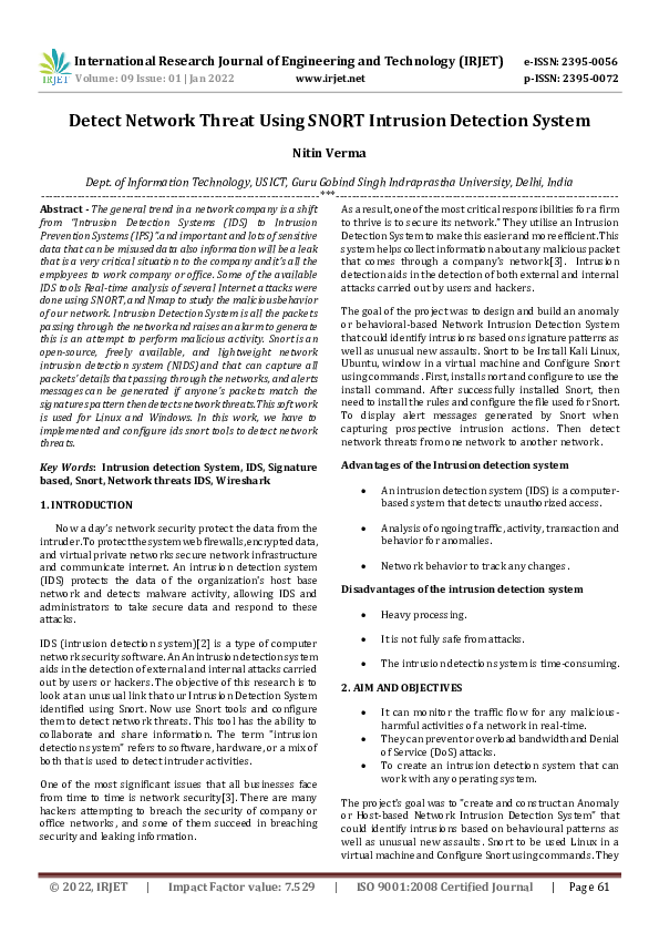 Pdf Detect Network Threat Using Snort Intrusion Detection System