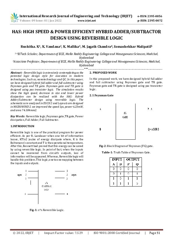 Pdf Has High Speed And Power Efficient Hybrid Adder Subtractor Design Using Reversible Logic