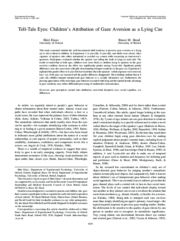 (PDF) Tell-tale eyes: Children's attribution of gaze aversion as a ...