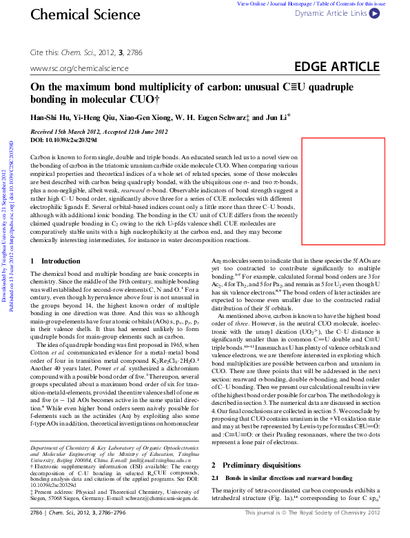 (PDF) On the maximum bond multiplicity of carbon: unusual C≣U quadruple ...