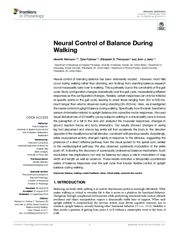 (PDF) Neural Mechanisms of Balance Control While Walking