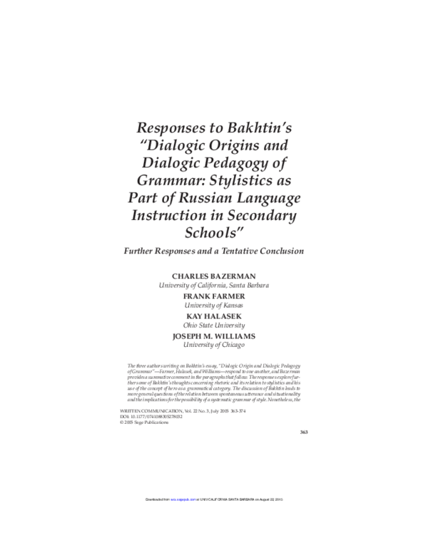 (PDF) Responses to Bakhtin’s “Dialogic Origins and Dialogic Pedagogy of ...
