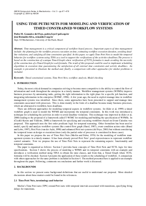 (PDF) Using time Petri nets for modelling and verification of timed constrained workflow systems
