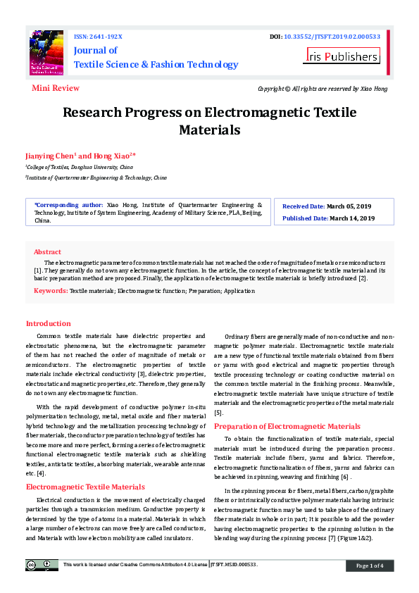 (PDF) Research Progress on Electromagnetic Textile Materials