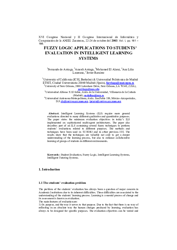 (PDF) Fuzzy logic applications to students' evaluation in intelligent learning systems