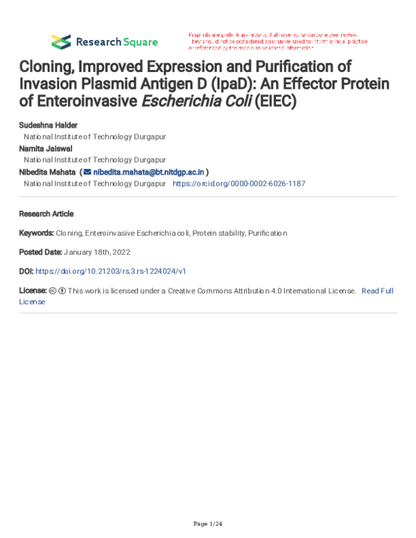 (PDF) Cloning, Improved Expression and Purification of Invasion Plasmid ...