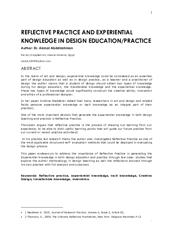 (PDF) Reflective Practice and Experiential Knowledge in Design Education / Practice