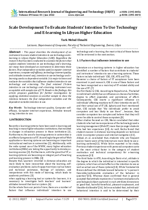 (PDF) Scale Development To Evaluate Students' Intention To Use ...