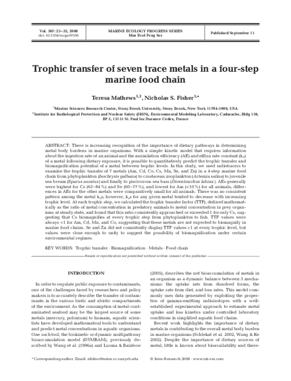 (PDF) Trophic transfer of seven trace metals in a four-step marine food ...