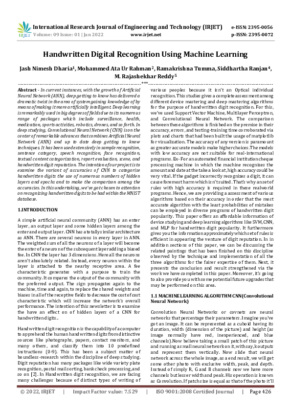 (PDF) Handwritten Digital Recognition Using Machine Learning