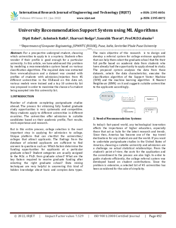(PDF) University Recommendation Support System using ML Algorithms