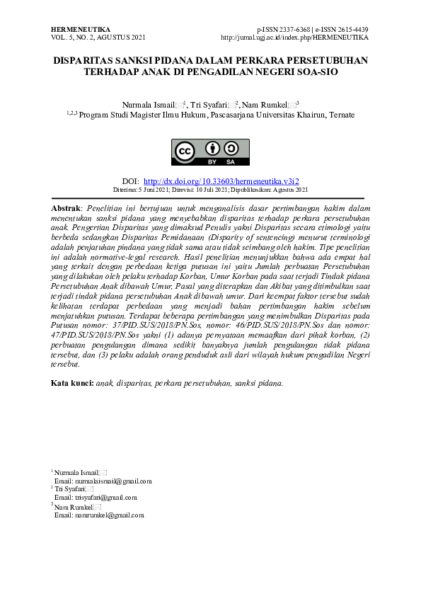 (PDF) Disparitas Sanksi Pidana Dalam Perkara Persetubuhan Terhadap Anak DI Pengadilan Negeri Soa-Sio