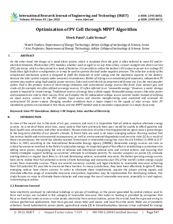 Pdf Optimization Of Pv Cell Through Mppt Algorithm