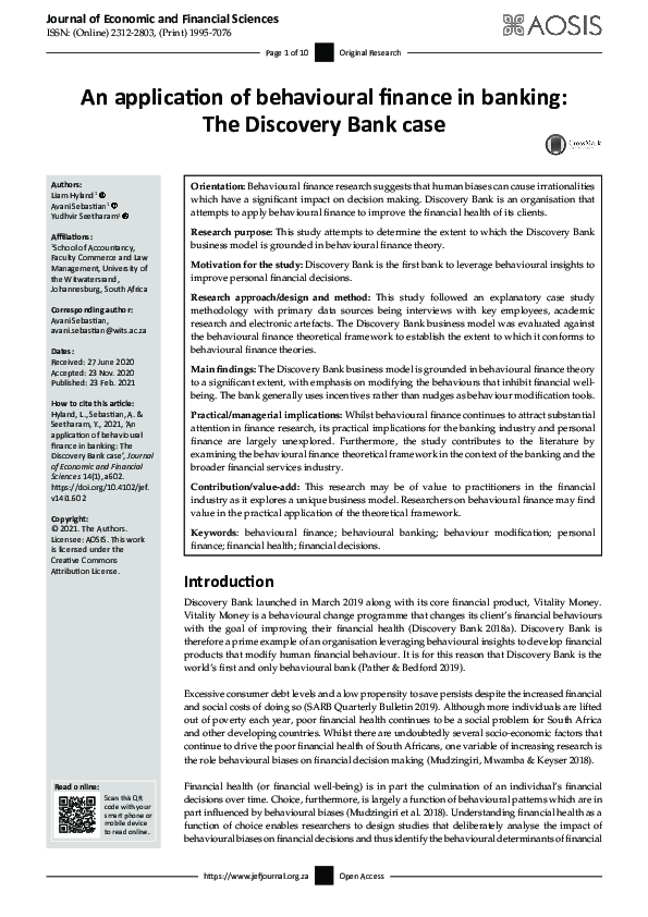 (PDF) An application of behavioural finance in banking: The Discovery ...
