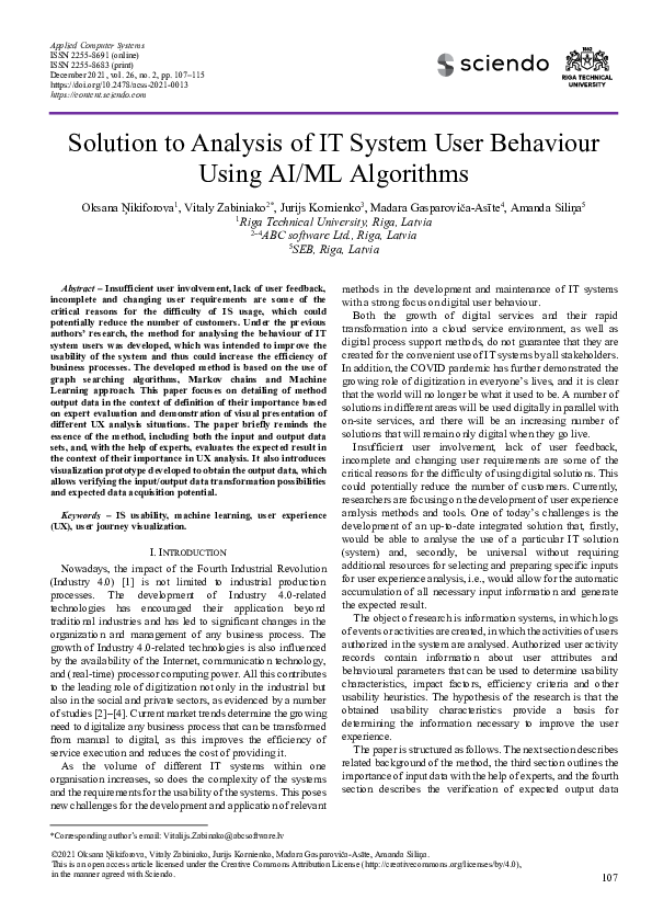 (PDF) Solution to Analysis of IT System User Behaviour Using AI/ML Algorithms | Oksana ...