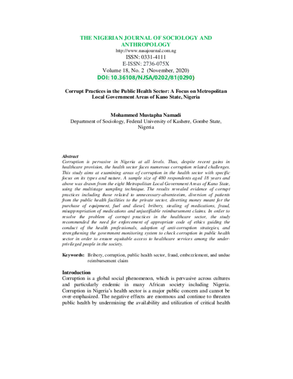 (PDF) Corrupt Practices in the Public Health Sector: A Focus on Metropolitan Local Government ...