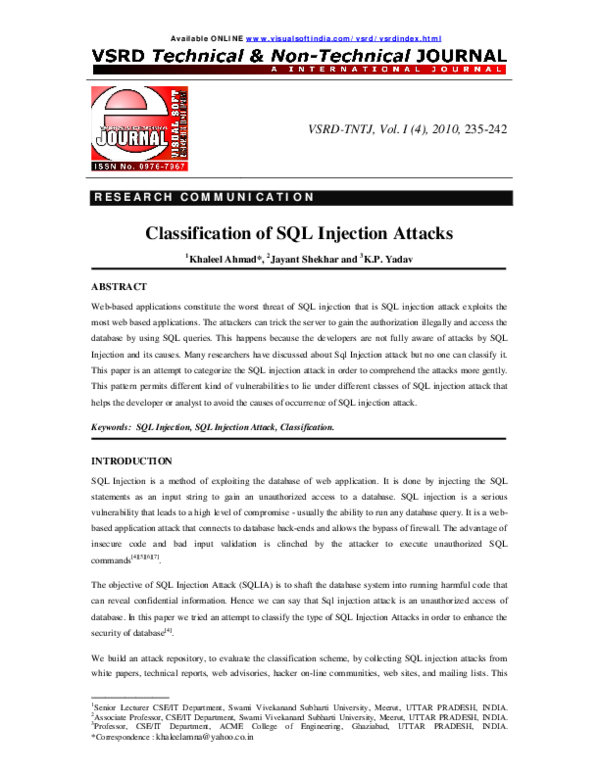 (PDF) Classification of SQL Injection Attacks