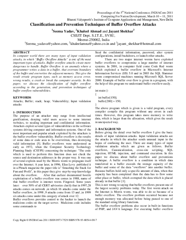 Pdf Classification And Prevention Techniques Of Buffer Overflow Attacks