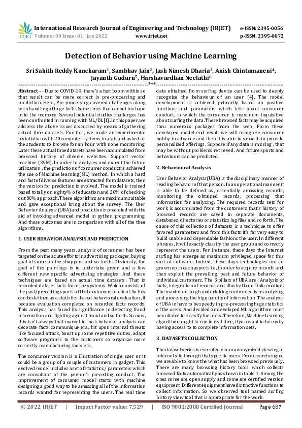 (PDF) Detection of Behavior using Machine Learning