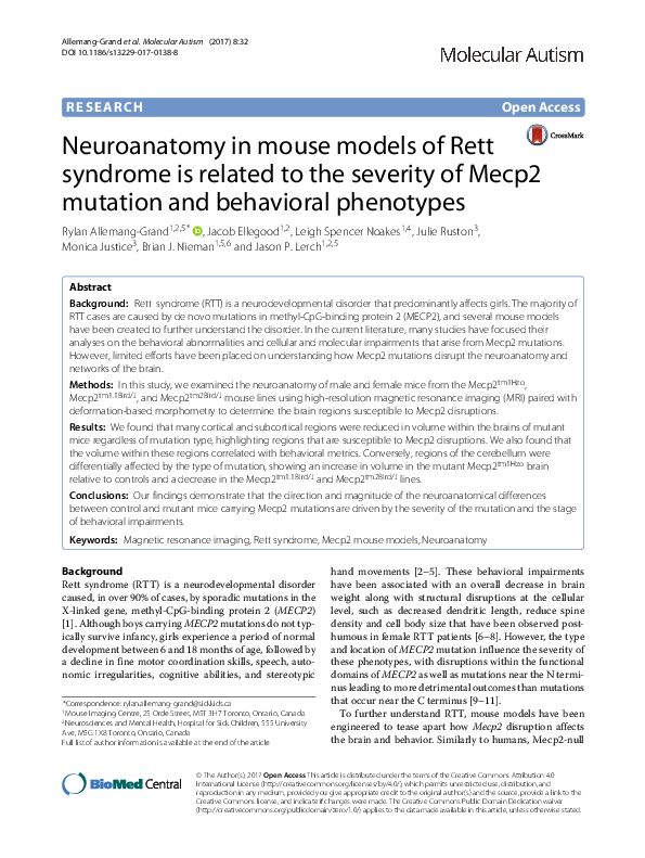 (PDF) Neuroanatomy in mouse models of Rett syndrome is related to the ...