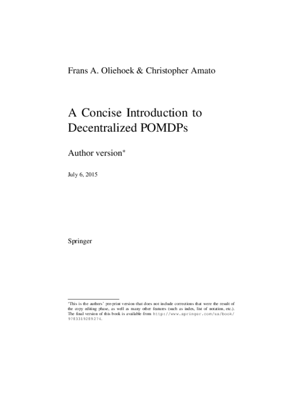 (PDF) A Concise Introduction to Decentralized POMDPs