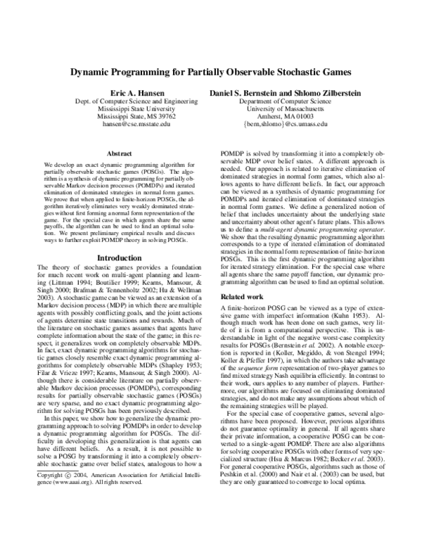Pdf Dynamic Programming For Partially Observable Stochastic Games Chris Amato
