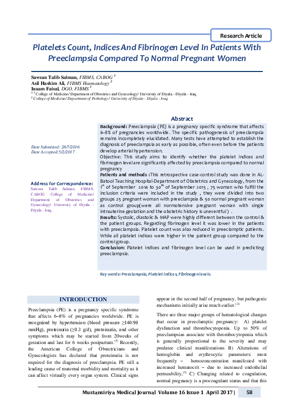 (PDF) Platelets Count, Indices And Fibrinogen Level In Patients With ...