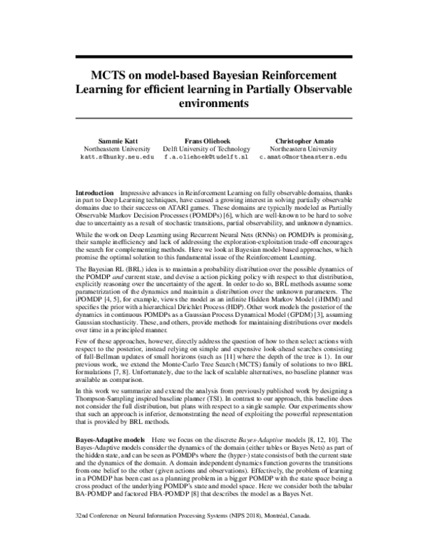 Pdf Mcts On Model Based Bayesian Reinforcement Learning For Efficient Learning In Partially 