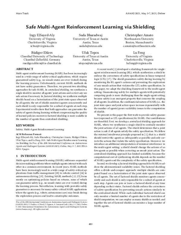 (PDF) Safe Multi-Agent Reinforcement Learning via Shielding