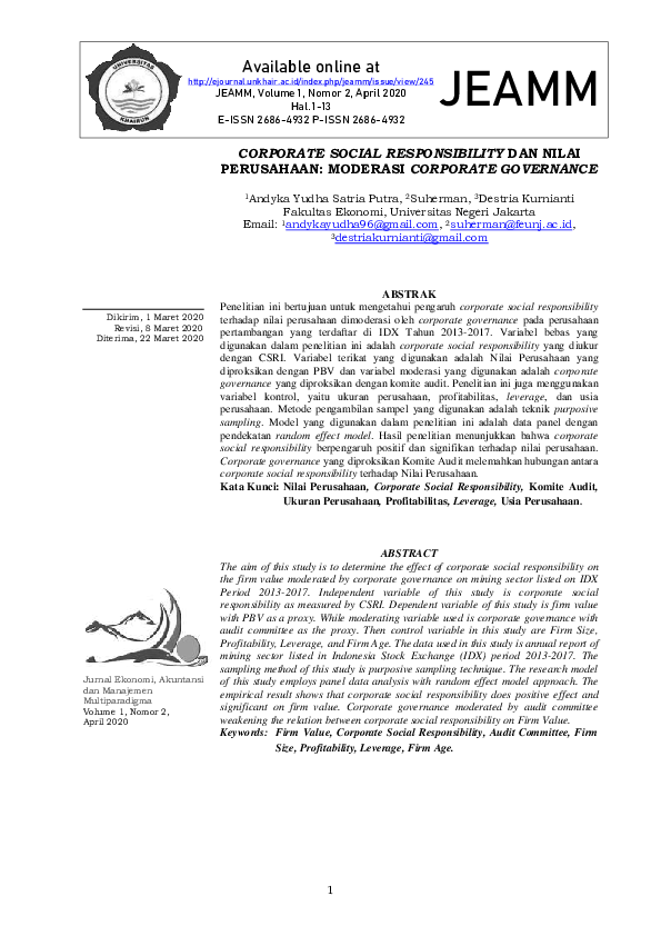 Pdf Corporate Social Responsibility Dan Nilai Perusahaan Moderasi