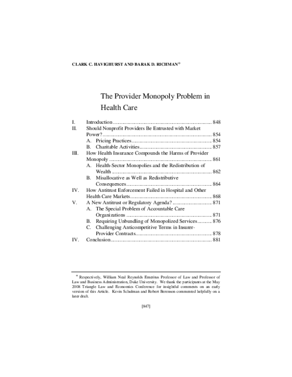 (PDF) The Provider Monopoly Problem in Health Care