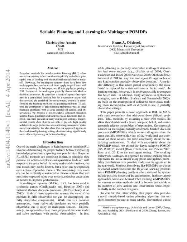 (PDF) Scalable Planning and Learning for Multiagent POMDPs: Extended Version