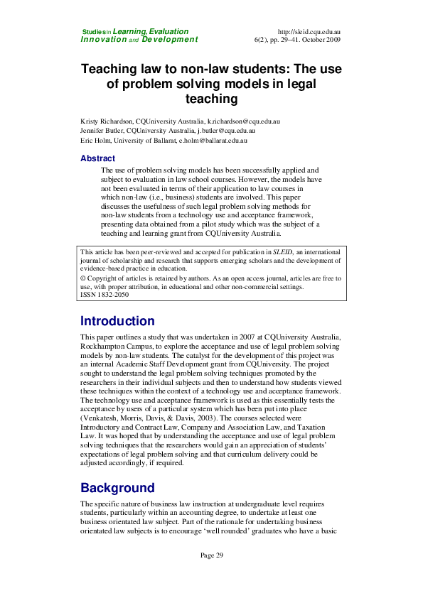 (PDF) Teaching law to non-law students: The use of problem solving ...