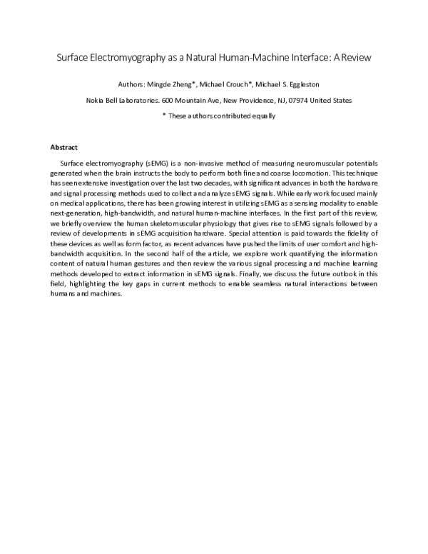 (PDF) Surface Electromyography as a Natural Human-Machine Interface: A ...