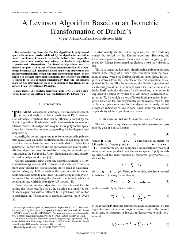(PDF) A Levinson Algorithm Based on an Isometric Transformation of Durbin's