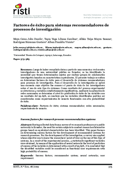 (PDF) Factores de éxito para sistemas recomendadores de procesos de ...