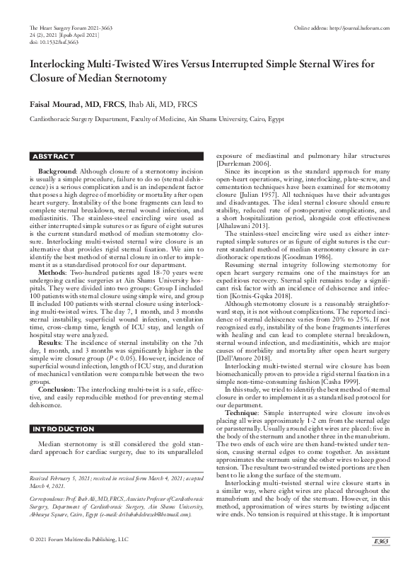 Pdf Interlocking Multi Twisted Wires Versus Interrupted Simple Sternal Wires For Closure Of