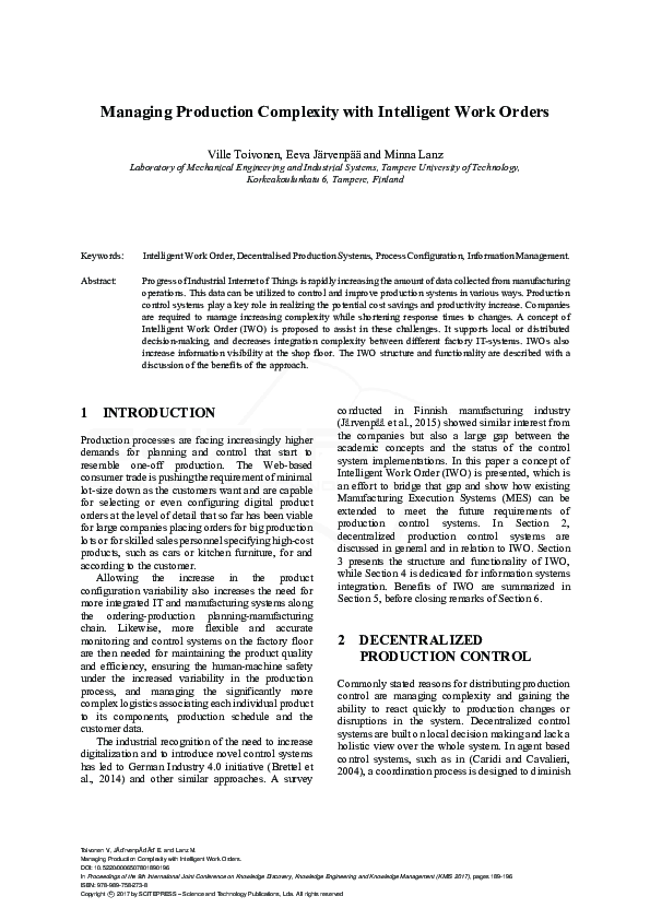 (PDF) Managing Production Complexity with Intelligent Work Orders