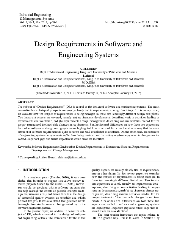 (PDF) Design Requirements in Software and Engineering Systems