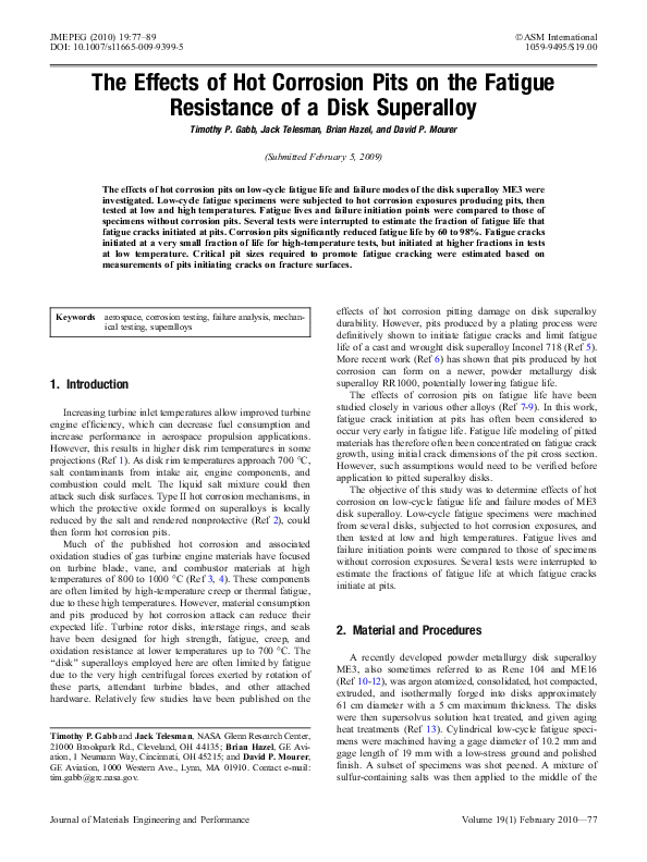 (PDF) The Effects of Hot Corrosion Pits on the Fatigue Resistance of a ...