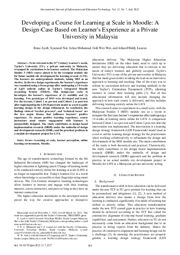 (PDF) Developing a Course for Learning at Scale in Moodle: A Design ...
