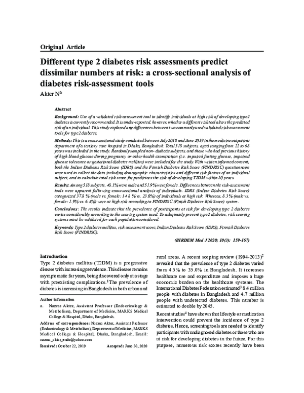 (PDF) Different type 2 diabetes risk assessments predict dissimilar ...