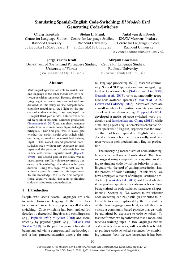 Pdf Simulating Spanish English Code Switching El Modelo Está Generating Code Switches Chara