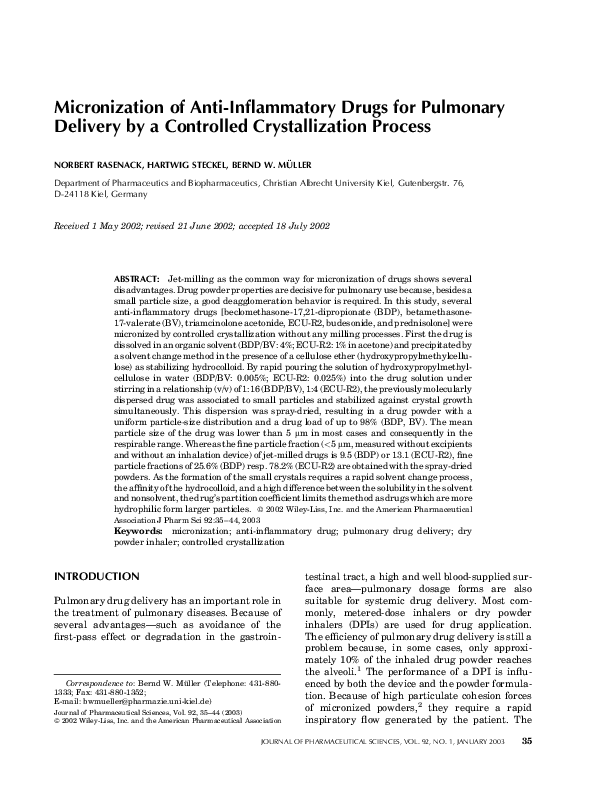 (PDF) Micronization of anti-inflammatory drugs for pulmonary delivery ...