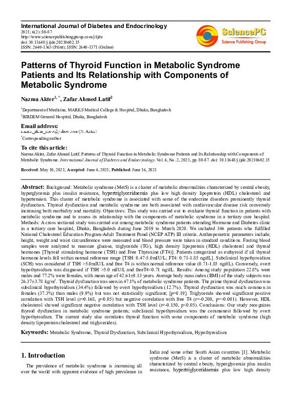 (PDF) Patterns of Thyroid Function in Metabolic Syndrome Patients and Its Relationship with ...