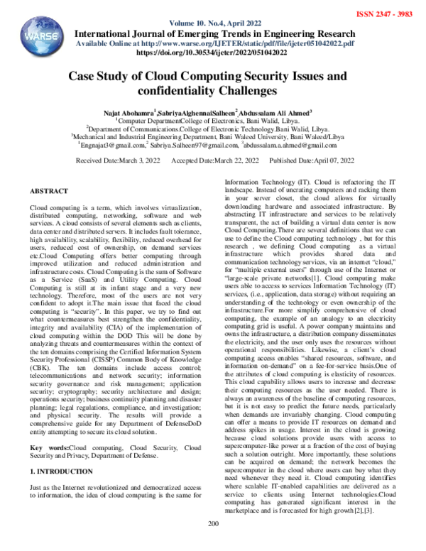 (PDF) Case Study of Cloud Computing Security Issues and confidentiality Challenges