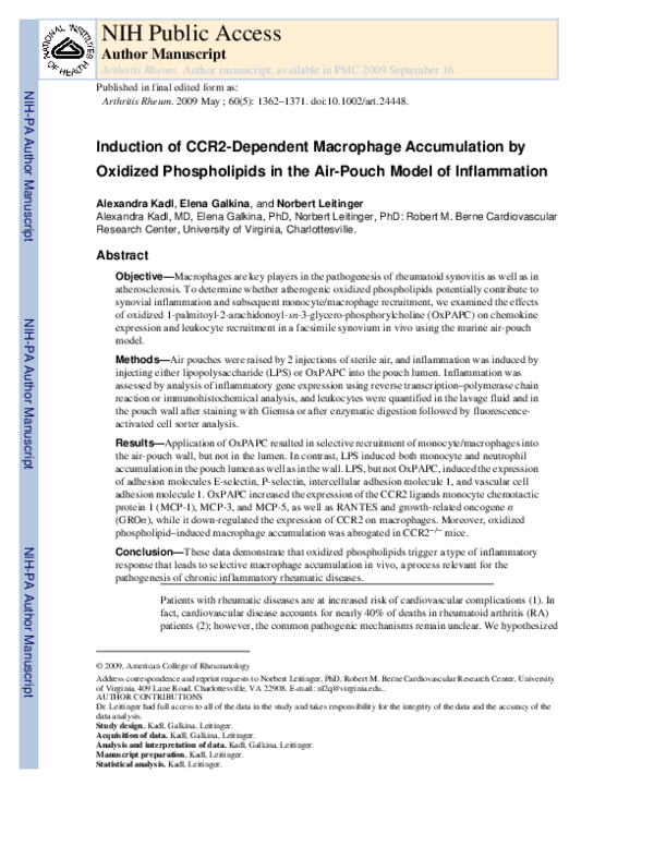 (PDF) Induction of CCR2-dependent macrophage accumulation by oxidized ...