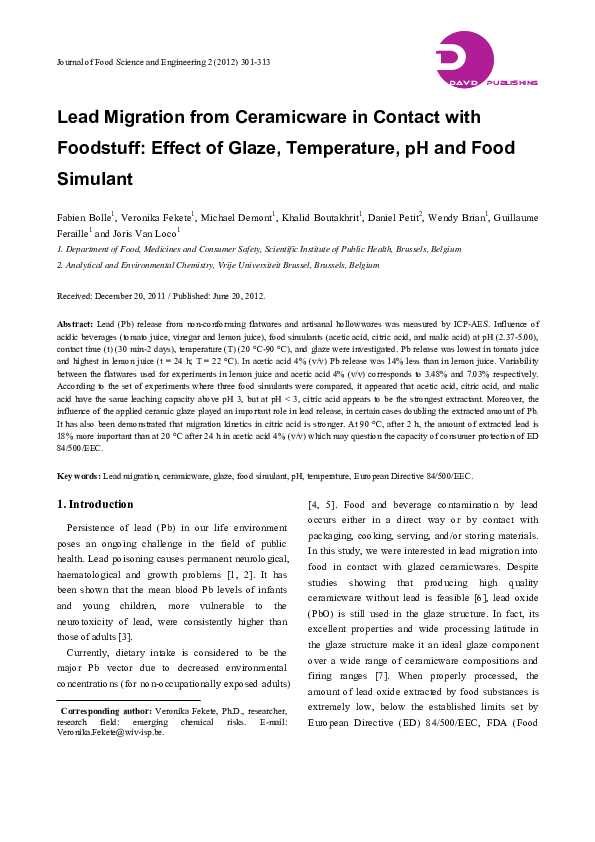 (PDF) Lead Migration from Ceramicware in Contact with Foodstuff: Effect ...